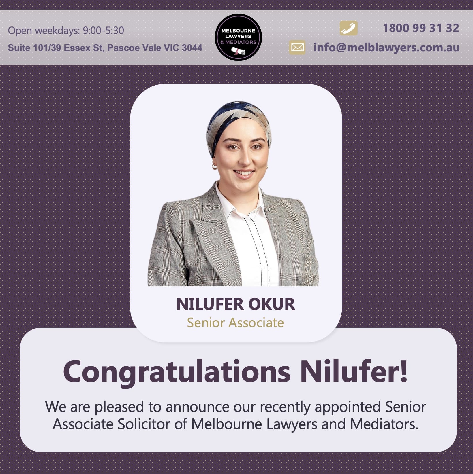 Congratulations Nilufer! | Melbourne Lawyers & Mediators